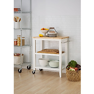 TRINITY 30-Inch Wood Kitchen Coffee Cart with Wheels, Two Shelves, and Rubberwood Work Surface for Kitchen Storage and Food Preparation, 30” W x 18” D x 35” H