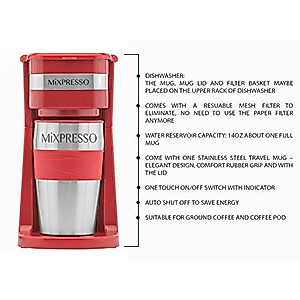Mixpresso Personal Single-Serve Coffee Maker & 14oz Travel Mug, Drip Small Coffee Maker & Tumbler, Auto Shut Off & Reusable Filter, Red Coffee Maker Compatible with Coffee Grounds