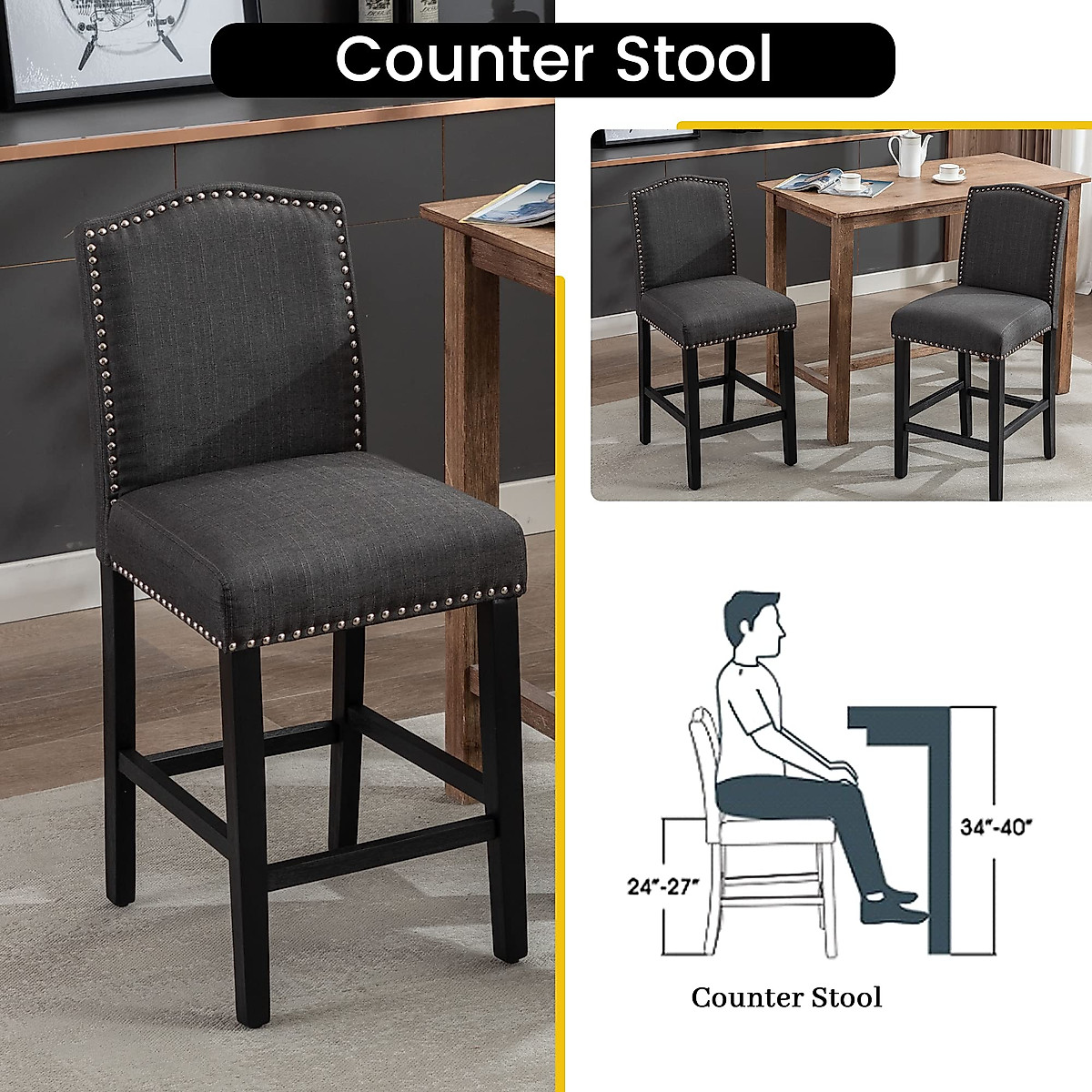KCC Counter Height Bar Stool 26 Inches Upholstered High Back Barstool with Antique Nail Heads Solid Wood Set of 2 Counter Height Bar Chairs,Gray