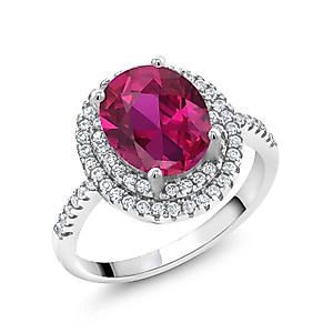 Gem Stone King 925 Sterling Silver Halo Engagement Ring Oval Red Created Ruby and Moissanite (2.43 Cttw) (Size 6)