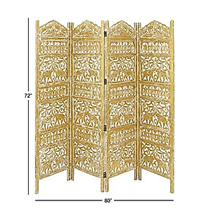 Deco 79 Wooden Scroll Handmade Partition Room Divider Screen Hinged Foldable Partition 4 Panel Privacy Screen with Carved Elephant Accents, Room Partition 80" x 1" x 72", Gold