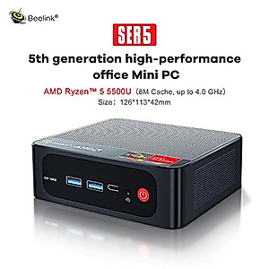 Beelink Mini PC, Mini Computer AMD Ryzen 5 5500U(up to 4.0GHz) 7nm, 6C/12T, 16GB DDR4 RAM 500GB NVME SSD, HDMI|Type-c|Wi-Fi 6|RJ45|Bluetooth 5.2 Office Mini Computer