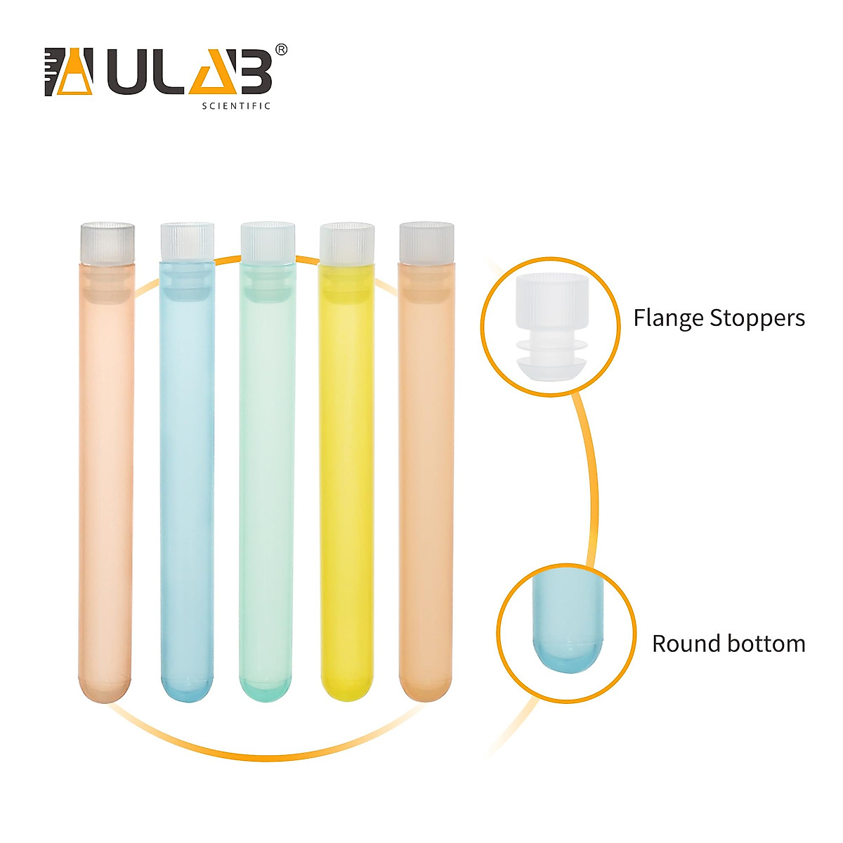ULAB 50pcs Plastic Test Tubes with Caps, Dia16x125mm PartyTubes Shot Glasses, Multiple Colored Tubes with Transparent Lid, UTT1021