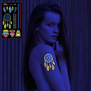 Glow in The Dark Temporary Tattoos 20 Sheets UV Neon Blacklight Tattoos, Body Face Paint Fake Glow Party Supplies Tattoos Stickers for Aldult Women Men Teen Girl