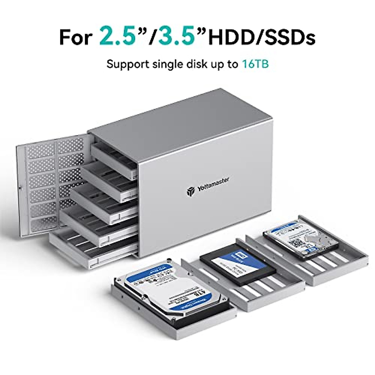 Yottamaster Aluminum 5 Bay USB3.1 Type C External Hard Drive Enclosure for 3.5 2.5 Inch SATA HDD SSD Support 5 x 16TB, Mac Style Direct Attached Storage (DAS)- NO RAID [PS500C3]