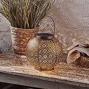 Lights4fun, Inc. 7.5” Bronze Metal Moroccan Solar Powered LED Outdoor Garden & Patio Lantern Light
