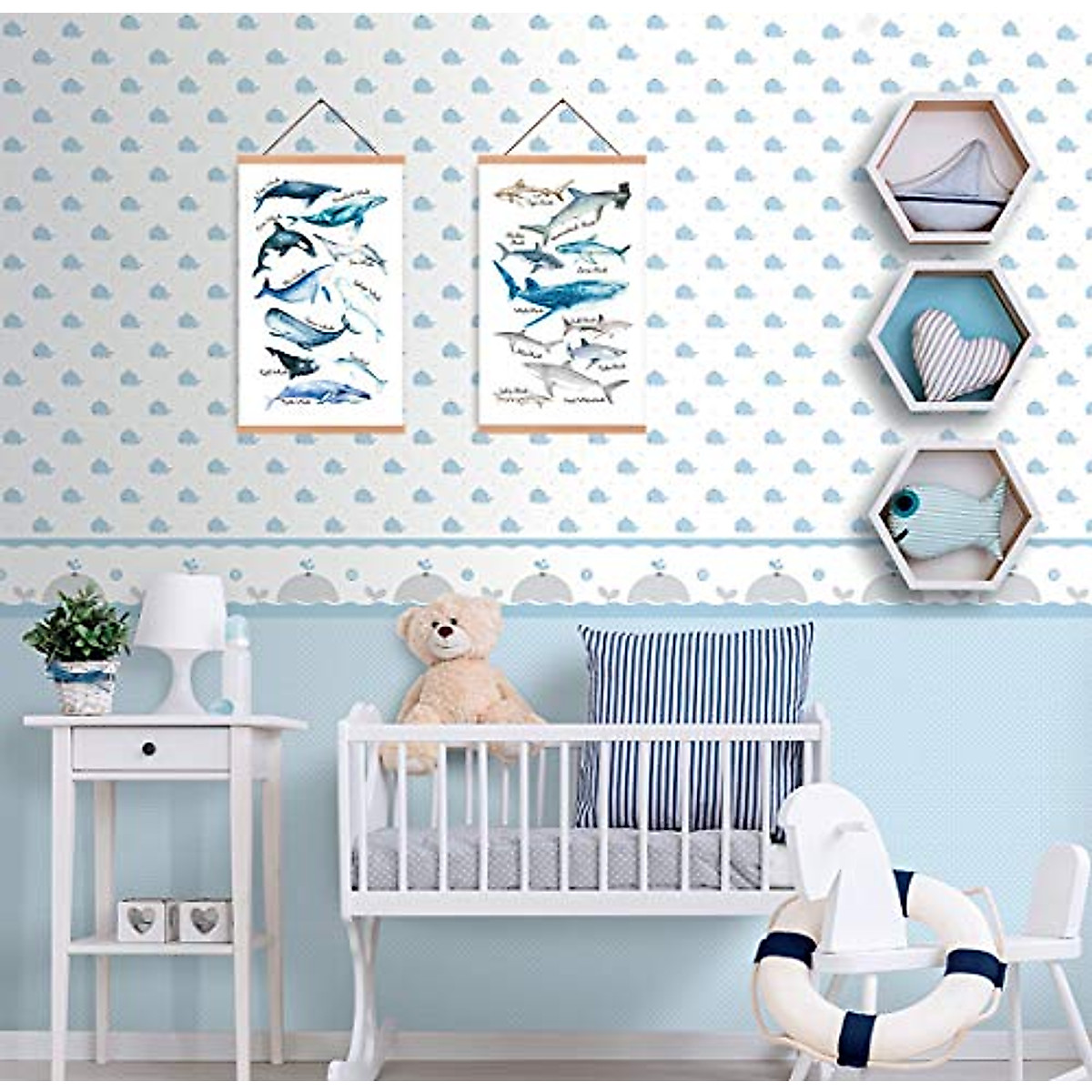 HPNIUB Natural Wood Magnetic Hanger Frame Poster- Shark & Whale Wall Art Print ,Sea Life Canvas Poster,Educational Science Wall Art Painting For Classroom Decor, 28X45cm Frames Hanging Kit