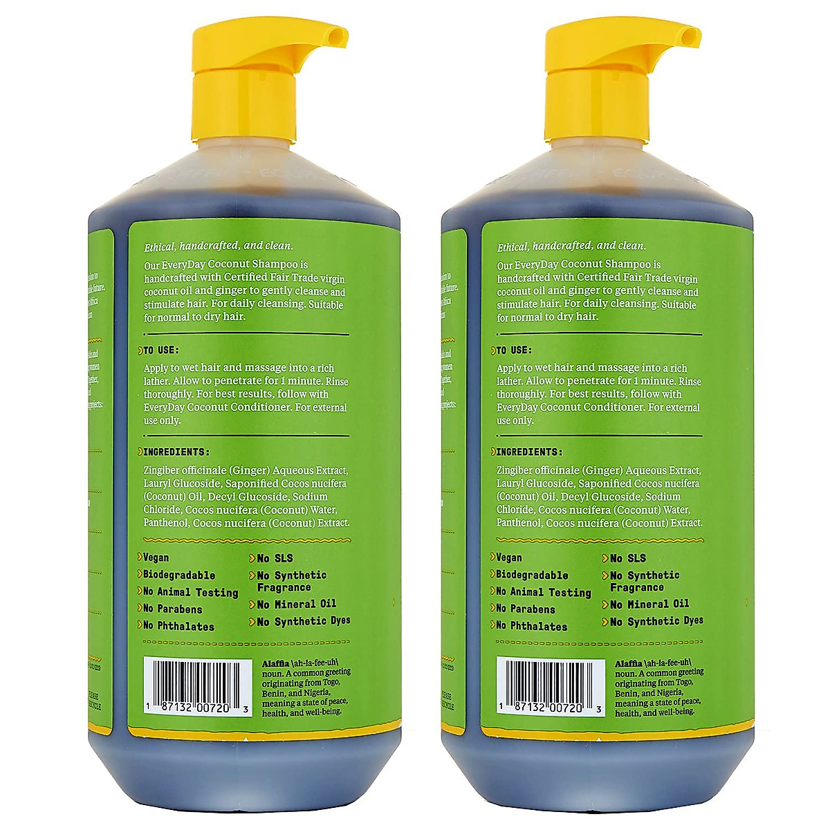 Alaffia EveryDay Coconut Shampoo, Gentle Cleansing Shampoo for Normal to Dry Hair, Made with Coconut Oil Rich in Vitamin E, No Parabens or Phthalates, Coconut, 2 pack - 32 Fl Oz Ea