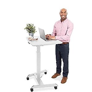 Stand Steady Multifunctional Mobile Podium Desk | Portable Sit to Stand Lectern with Pneumatic Height Adjustment & Tilting Desktop | Rolling Laptop Stand | Mobile Desk for School, Home, Office (White)
