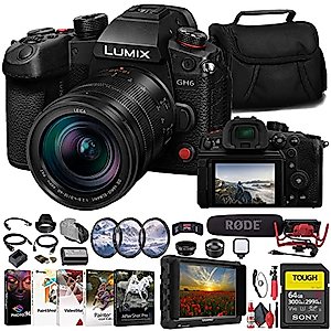 Panasonic Lumix GH6 Mirrorless Camera with 12-60mm f/2.8-4 Lens (DC-GH6LK) + 4K Monitor + Rode VideoMic + Sony 64GB Tough SD Card + Filter Kit + Wide Angle Lens + Telephoto Lens + Lens Hood + More