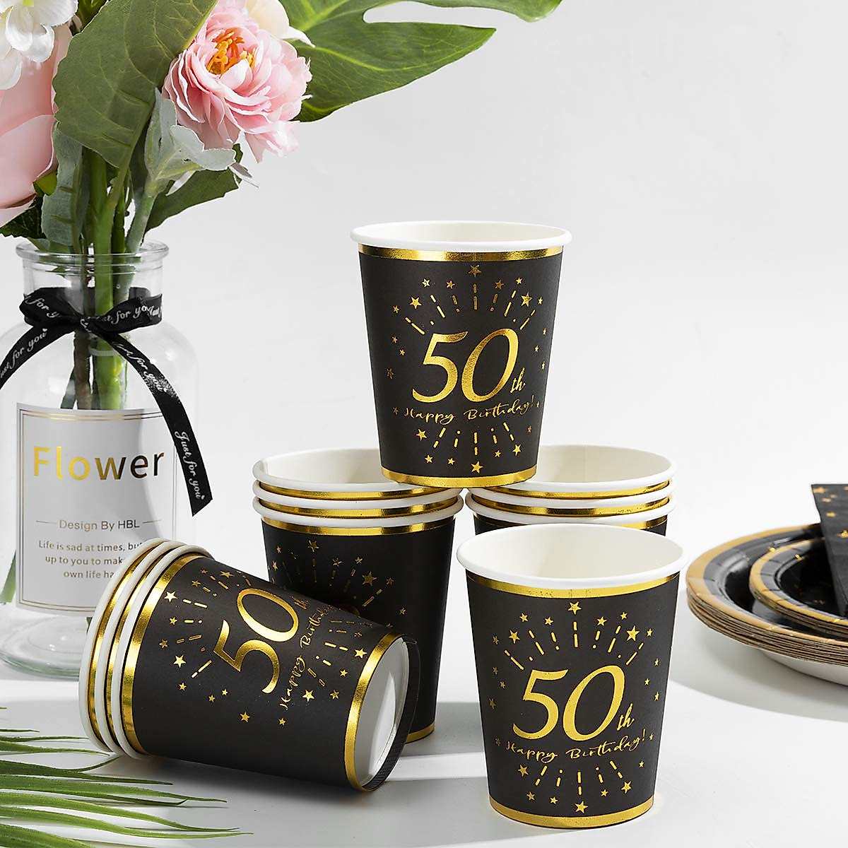 HOMIX 50th Birthday Plates and Napkins and Cups Sets Serves 30, 9" Dinner Paper Plates 7" Dessert Paper Plates 9 oz Cups 3 Ply Napkins 50th Birthday Party Supplies and Decorations for Men and Women