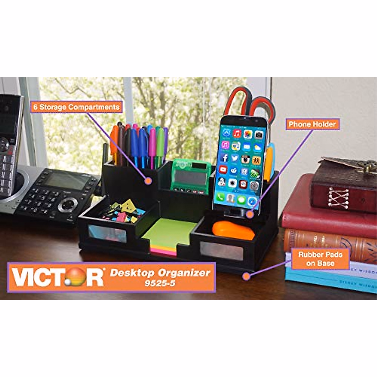 Victor Wood Desk Organizer with Smart Phone Holder, Midnight Black, 9525-5