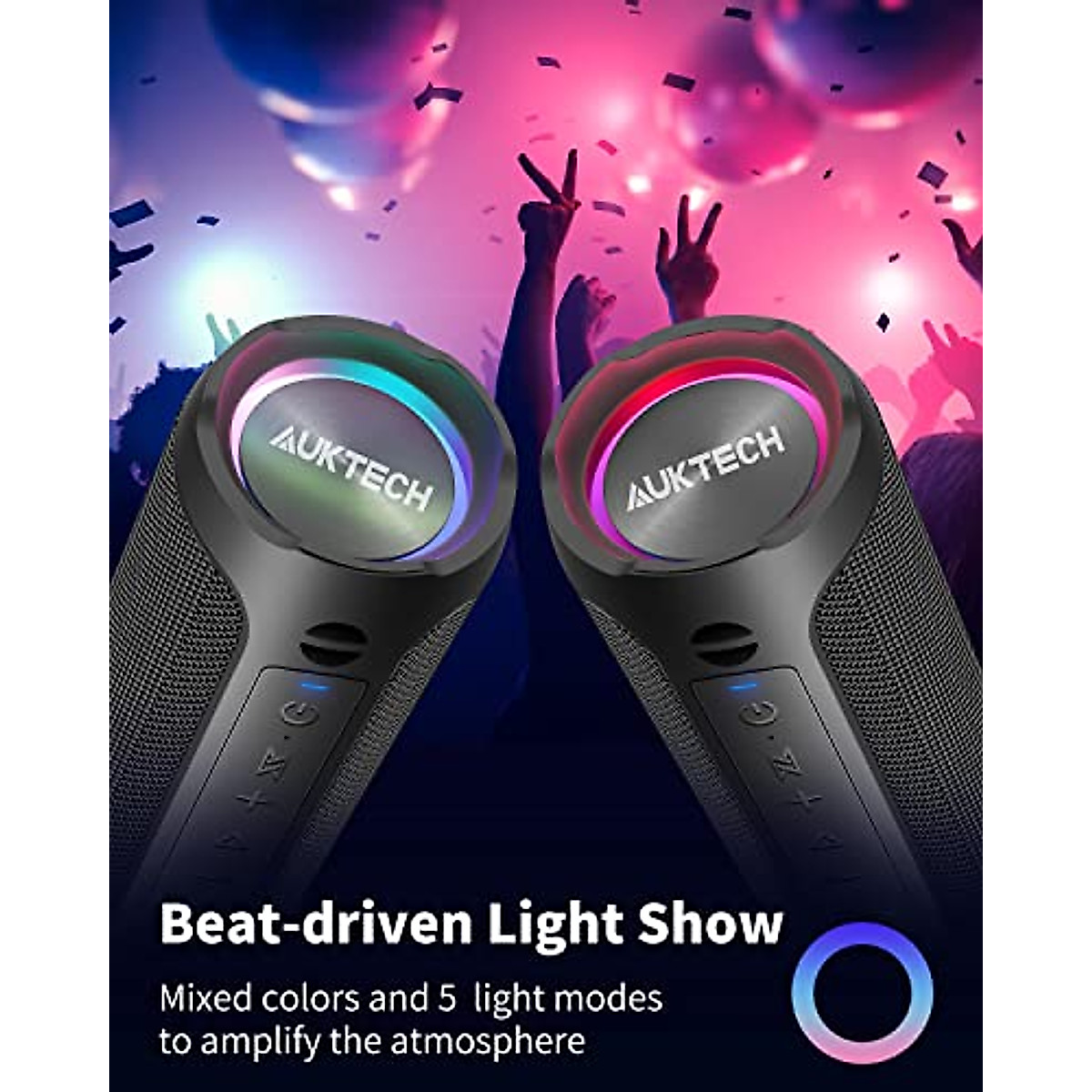 AUKTECH Bluetooth Speakers - Portable Bluetooth Speakers Wireless(100FT) with 20W Loud Stereo Sound, Deeper Bass, RGB Lights, IPX7 Waterproof, Handsfree Mic, 24H Playtime for Home Party Outdoors