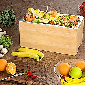 Merysen Kitchen Compost Bin- 1.6 Gal Smell Proof, Rust Proof Stainless Steel Insert, Countertop Composter Bin with Lid and Bamboo Box - Indoor Compost Bin Kitchen