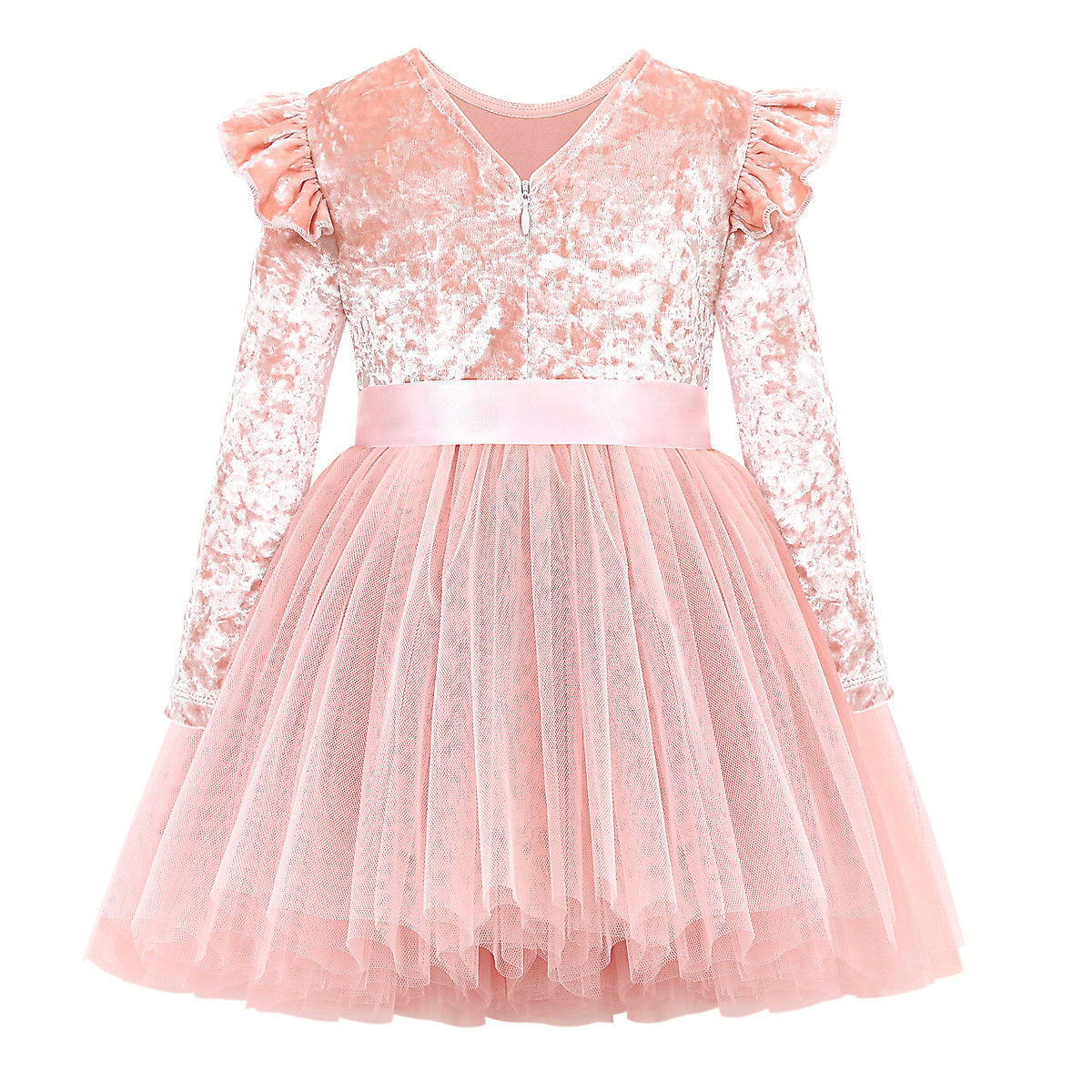 Flofallzique Girls Tutu Dress Long Sleeves Toddler Velvet Tulle Dresses for Birthday Party (2, Dusty Pink)