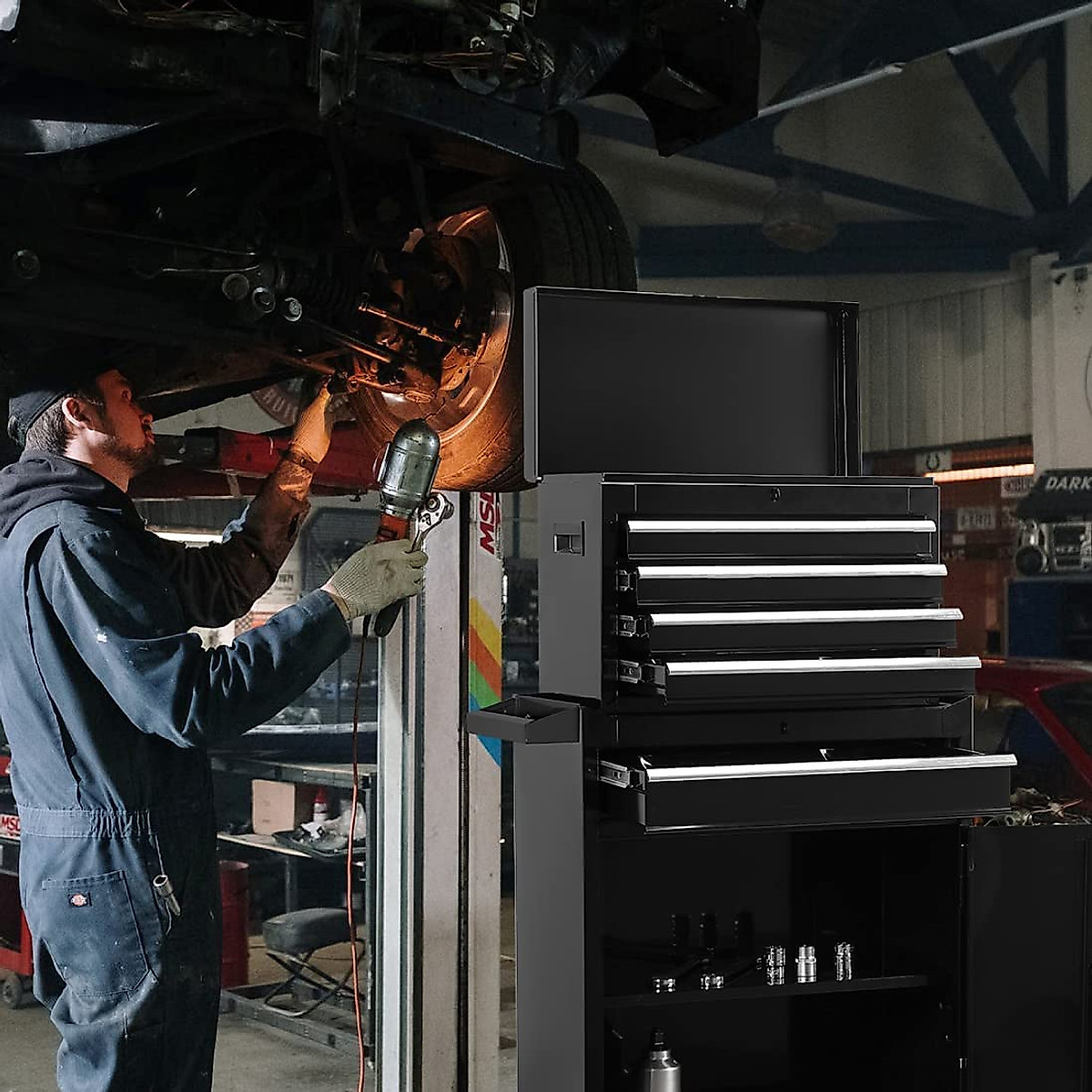 BIG RED Torin Rolling Garage Workshop Organizer : Detachable 4 Drawer Tool Chest with Large Storage Cabinet and Adjustable Shelf, 20.3" l x 11" w x 40.4" h, Black