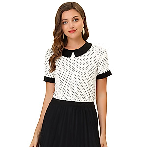 Allegra K Women's Peter Pan Collar Shirt Vintage 1950s Polka Dots Blouse Medium White