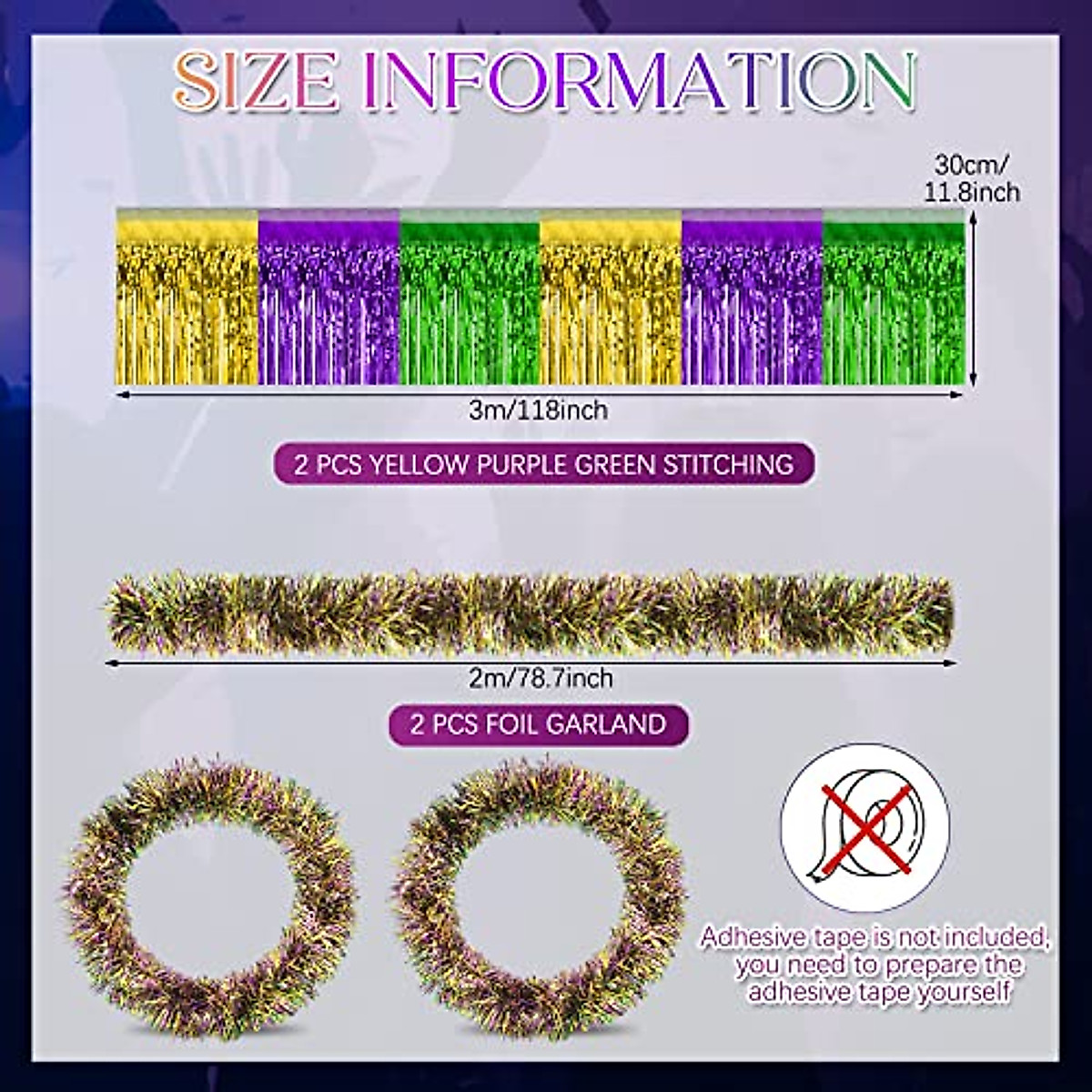 4 Pcs Mardi Gras Parade Car Decoration 6.56 ft Foil Fringe Garland 9.84 ft Gold Purple Green Metallic Tinsel Streamers Banner Wall Hanging Fringe Curtain Backdrop Banner for Mardi Gras Party Supplies