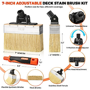 PinStone 7-Inch Deck Stain Brush, 0° to ±90° Adjustable Deck Stain Applicator with Handle, Wide Deck Paint Brush, Limewash Brush, Large Stain Brushes for Wood, Deck, Fence, Masonry, Walls Staining