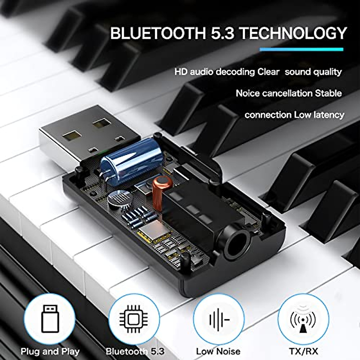 2 in 1 Bluetooth V5.3 Transmitter Receiver, USB Bluetooth Adapter, Wireless Audio Transmitter for TV to Bluetooth Headphones, Low Latency, Power by USB for TV/PC Home/Car Sound System