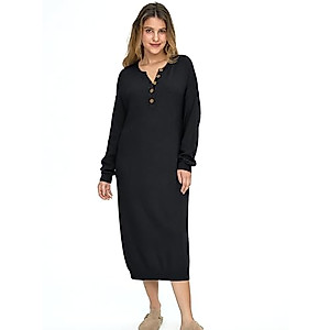 LILLUSORY Long Sweater Dress for Women 2023 Winter Oversized Pullover Plus Size Knit V Neck Sweaters Waffle Knitted Maxi Dresses Black