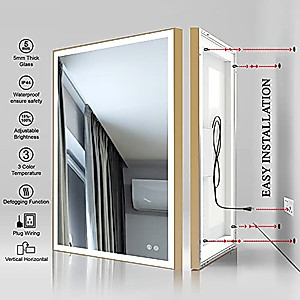 LED Lighted Bathroom Mirror 24 x 36 Inch, Champagne Gold Framed Wall Mounted Dimmable Vanity Mirror, Anti-Fog Touch Sensor, Adjustable Color Warm/White/Natural