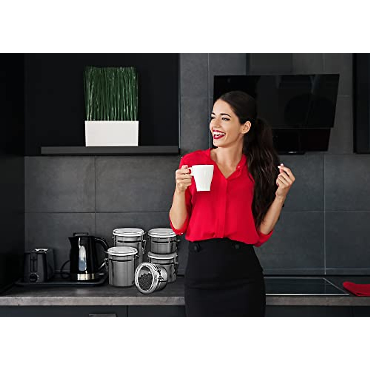 5pc Stainless Steel Canister Set with Clear Acrylic Lids & Clamp Airtight Durable & Stackable Food Storage Container for Kitchen Counter & Pantry, Tea, Sugar, Coffee, Flour, Rice, Pasta, Spices, Herbs