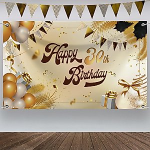 Bing-Haoze 30th Happy Birthday Backdrop Banner- 71“x 44” Gold Happy Birthday Decorations Banner Party Decorations Supplies Photo Background for Men Women Birthday Party