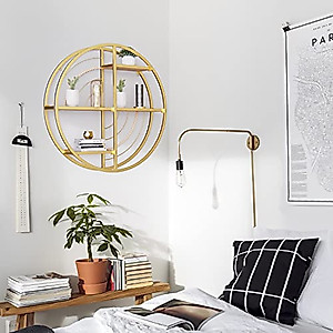 Floating Shelves for Wall,Round Metal Wall Mount Display Organizer Holder Circle Rustic Retro Decorative Wood Shelves Wall Mounted for Living Room Bathroom Bedroom Kitchen Office (Gold&Beads, XXL)