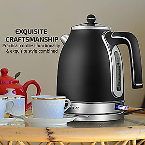 OVENTE Electric Stainless Steel Hot Water Kettle 1.7 Liter Victoria Collection, 1500 Watt Power Tea Maker Boiler with Auto Shut-Off Boil Dry Protection Removable Filter and Water Gauge, Black KS777B