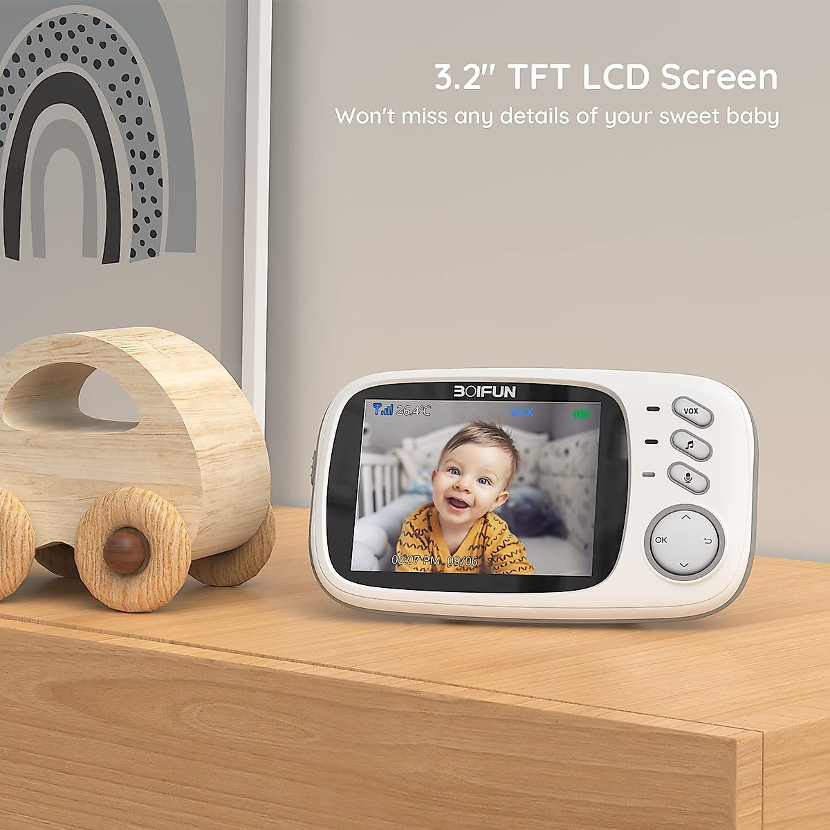 Baby Monitor, Wireless Video Baby Monitor with Camera, 3.2'' HD Screen, VOX Mode, Rechargeable Battery, Night Vision, Two-Way Talk, Feeding Reminder, Smart Temperature, 8 Lullabies, Baby/Elder/Pet