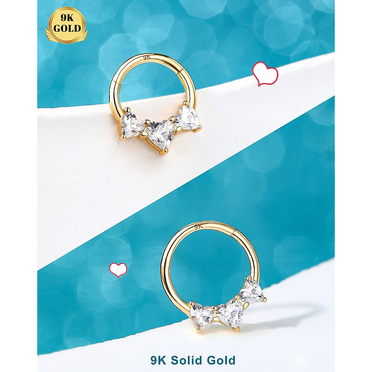 Melighting Solid Gold Septum Rings 16G Gold Heart Septum Jewelry 9K Gold Daith Piercing Jewelry for Women Helix Earrings Clear CZ Gold Tragus Piercing Jewelry