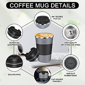 Coffee Travel Mug 12oz Insulated Coffee Mug with Lid Portable Spill-Proof Coffee Travel Mug No Handle Reusable Stainless Steel Mug Keeps Cold and Hot Suitable for Car, Daily, Travel and Gifts