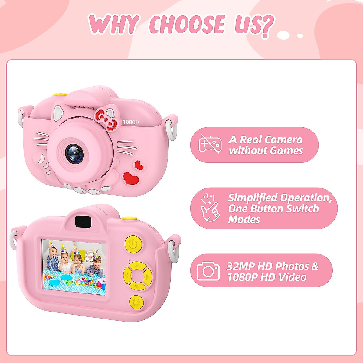 ENGUNS Kids Camera for Girls Age 3-12, 32MP HD Digital Camera for Kids, Dual Lens Toddler Camera, Video Camera for Toddlers, Girls Birthday Gifts Toys