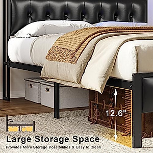 HAUSOURCE Full Bed Frame with Storage Headboard & Footboard Upholstered Platform Bed with LED Lights USB Ports & Outlets No Box Spring Needed