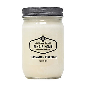Nika's Home Cinnamon Pinecone Soy Candle 12oz Mason Jar Non-Toxic White Soy Handmade Long Burning 50-60 Hours Highly Scented All Natural Clean Burning Large Candle Gift Décor