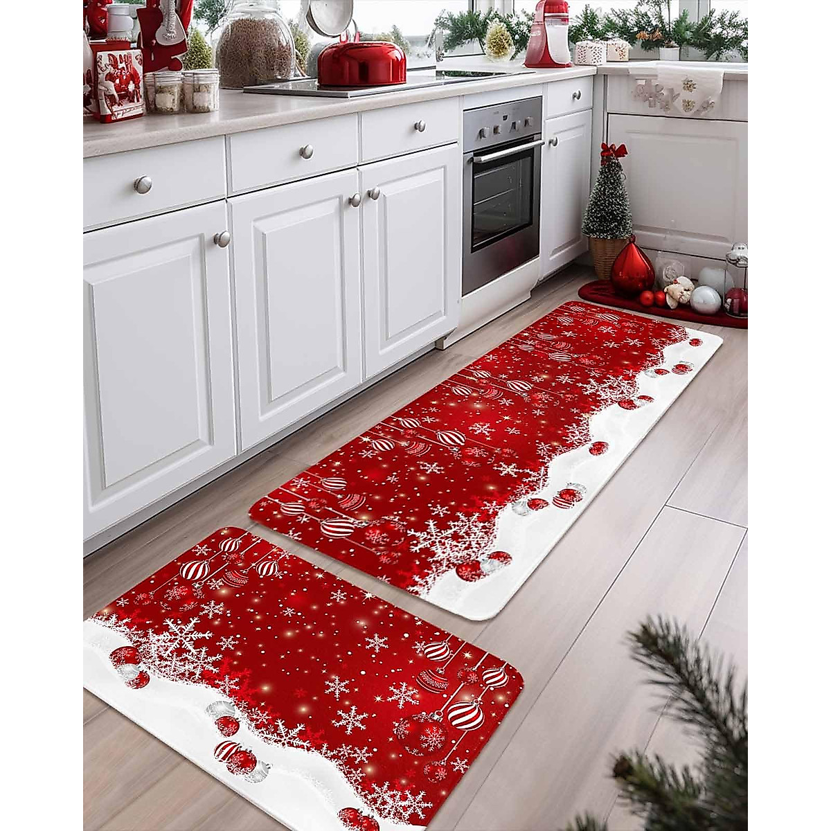 LUSWEET Xmas Kitchen Mat 2 Piece Christmas Kitchen Rugs Non Slip Winter Snowflake Mats Soft Glitter Sparkle Kitchen Runner Rug Water Absorbent Red Floor Mat for Kitchen,Sink,Laundry 16"x24"+16"x47"