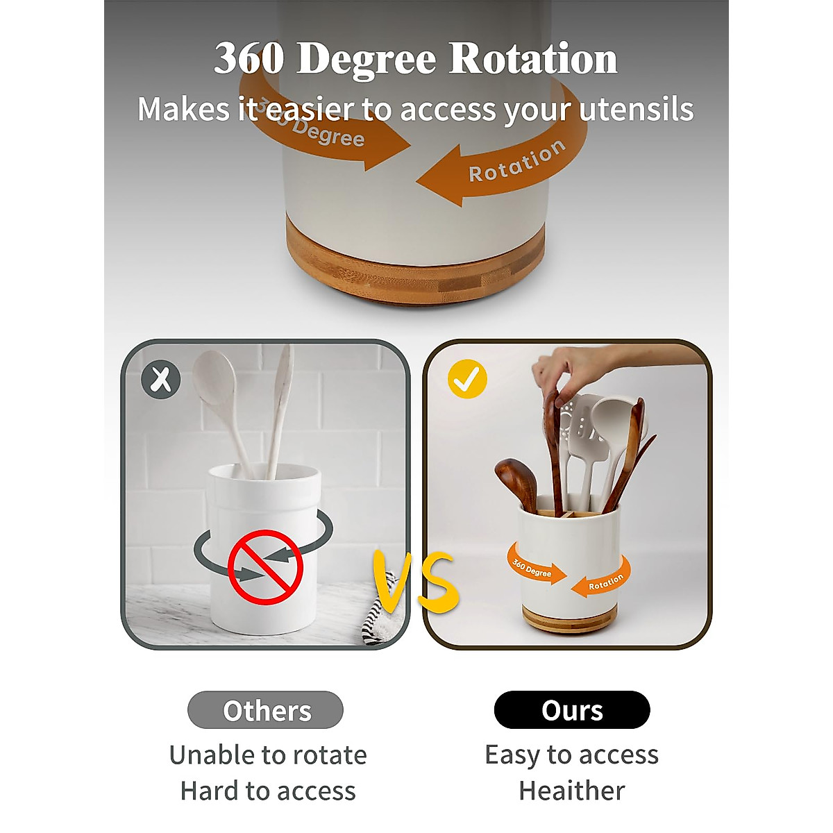 LoeJan 3 Compartment Utensil Holder, Extra Large Utensil Crock, Stable Ceramic Utensil Organizer, Cooking Tool Organizer Set for Kitchen Counter Farmhouse Decor (C-White(Grossy))