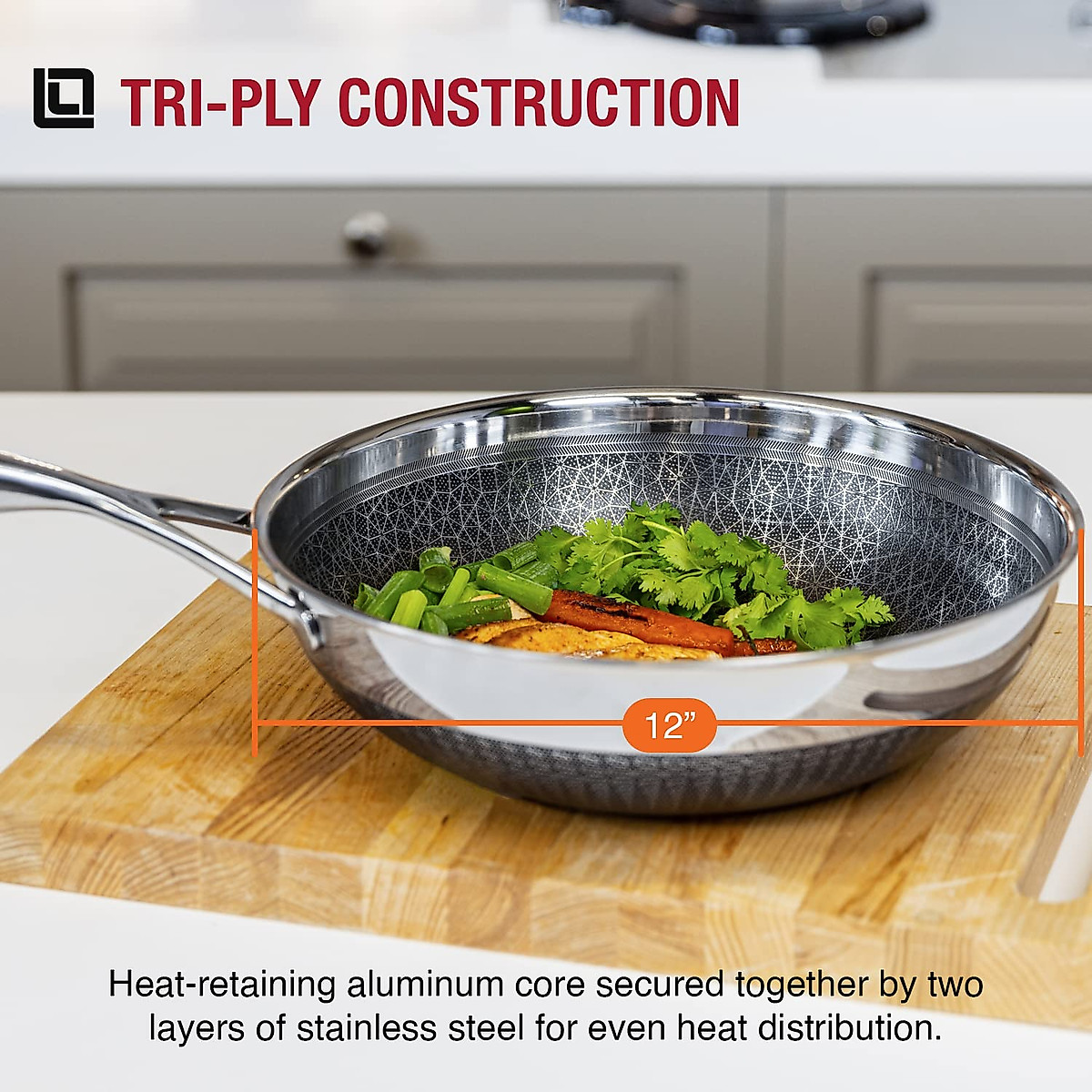 LIVWELL DiamondClad 12-inch Nonstick Hybrid Wok Stir Fry Pan - Home and Kitchen Gift - Stainless Steel Wok - Dishwasher and Oven Safe - Honeycomb Wok - PFOA-free - Honeycomb Cookware - Silver/Black