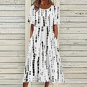 Dress Women, Beach Dresses for Women Casual Pregnant Dress Women's Summer Casual Fashion Printed Short Sleeve 2022 O-Neck Pocket Dress Casual Print Short Crewneck Dress Tea (3XL, Black)