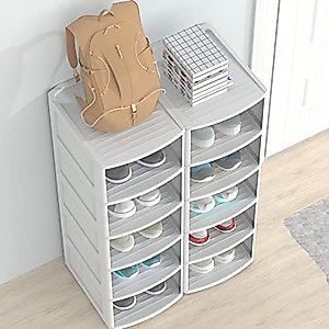 KOUPA 6-Tier Shoe Rack Storage Organizer，Stackable and Adjustable Multi-Function shoe boxes，Space Saving Shoe Shelf Bins ,Extra Large Capacity, Shoe Cubby（Grey）