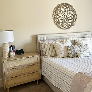 HOPUBUY Large Nightstand Set of 2 with Rattan Drawer, Modern 3 Drawer Night Stand for Bedroom, Wooden Bedside Table for Queen Size and King Size Bed,Oak