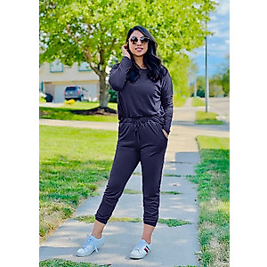 PRETTYGARDEN Women's Fall 2 Piece Lounge Outfit Long Sleeve Crewneck Pullover Tops High Waisted Pants Set Tracksuit (Navy,3X-Large)