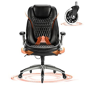 COLAMY 6686 Ergonomic Home High Back Executive Computer Desk Padded Flip-up Arms, Thick Bonded Soft Leather, Modern Office Chair with Upgraded Casters for Swivel Rolling (Black, 300lbs)