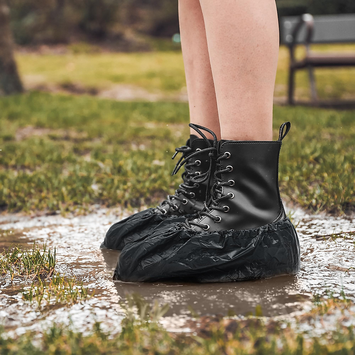 ABC Black Disposable Shoe Covers for Indoors, 6 x 12.5 inch. 100 Pack CPE Surgical Boot Covers Disposable. Shoe Booties Disposable with Elastic Band. Waterproof Disposable Foot Covers for Shoes