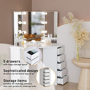 Likein Corner Vanity, Makeup Vanity Desk with Lights, Bedroom White Vanity with Lighted Mirror, Makeup Table with Drawers and Mirror for Women Girls, 3 Lighting Modes Brightness Adjustable