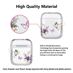 JIAXIUFEN AirPods Case Clear Cover Plated Glitter Flower Design Cute Protective Silicone TPU Skin Accessories for Women Girl with Keychain for AirPods 2 & 1 Charging Case, Purple Butterfly