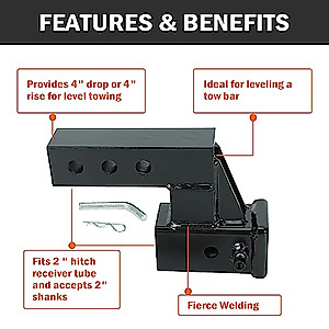 Hitch Receiver 2 Inch, Trailer 4" Drop/Rise Hitch Receiver Adapter Extension Class 3 2 Receiver Hitch with Pin and Clip