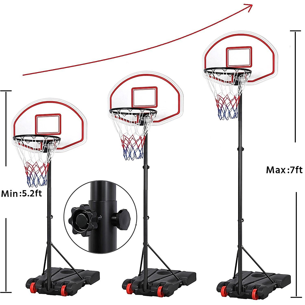 Yaheetech Portable Basketball Hoop Stand Backboard System Height Adjustable 5.2-7 ft Basketball Goal Indoor Outdoor with Wheels Red
