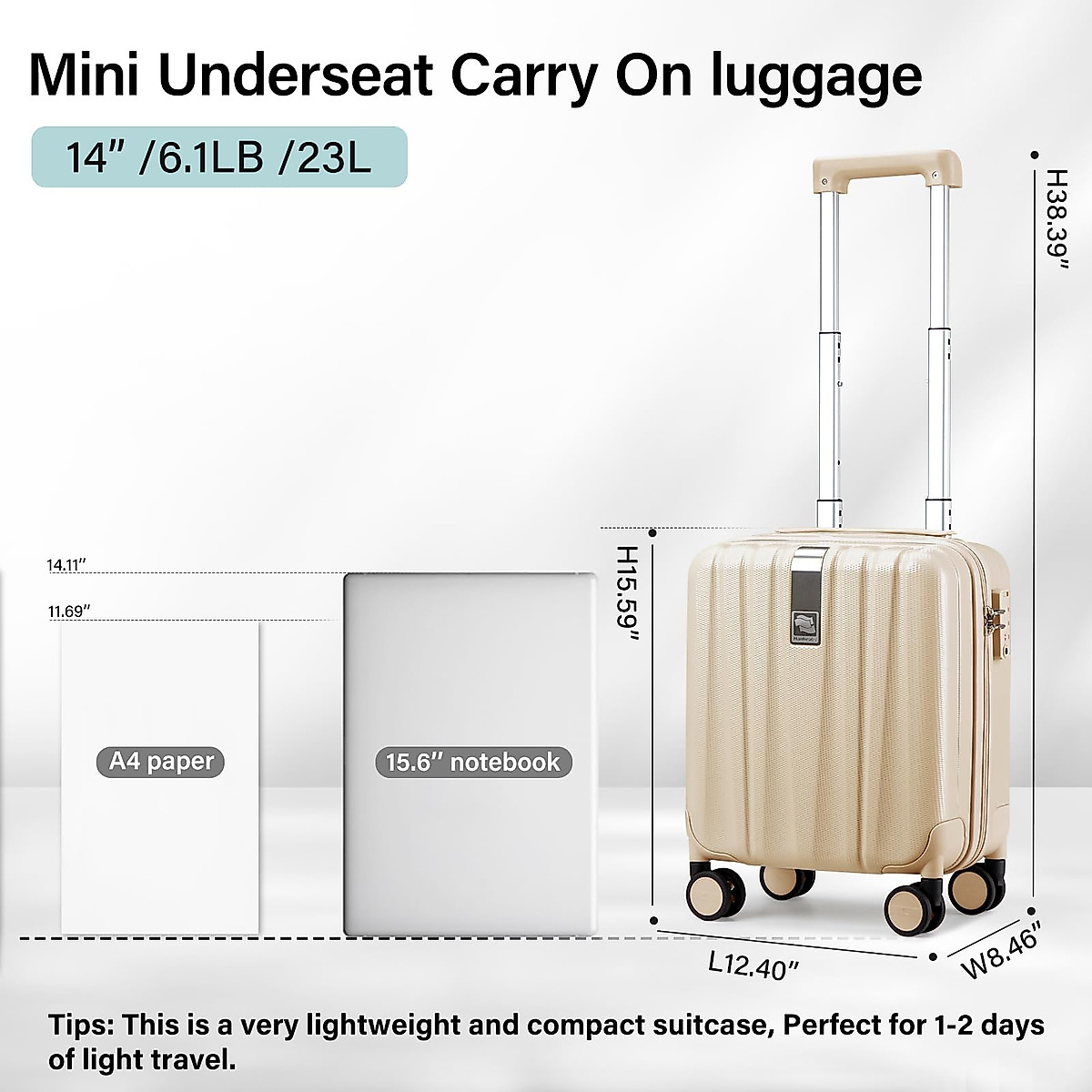 Hanke 14 Inch Underseat Carry On Luggage with Wheels Hard Shell Suitcases Carry On Bag Lightweight Small Mini Suitcase Tsa Luggage for Travel Christmas Gifts for Birthday（Cuba Sand）